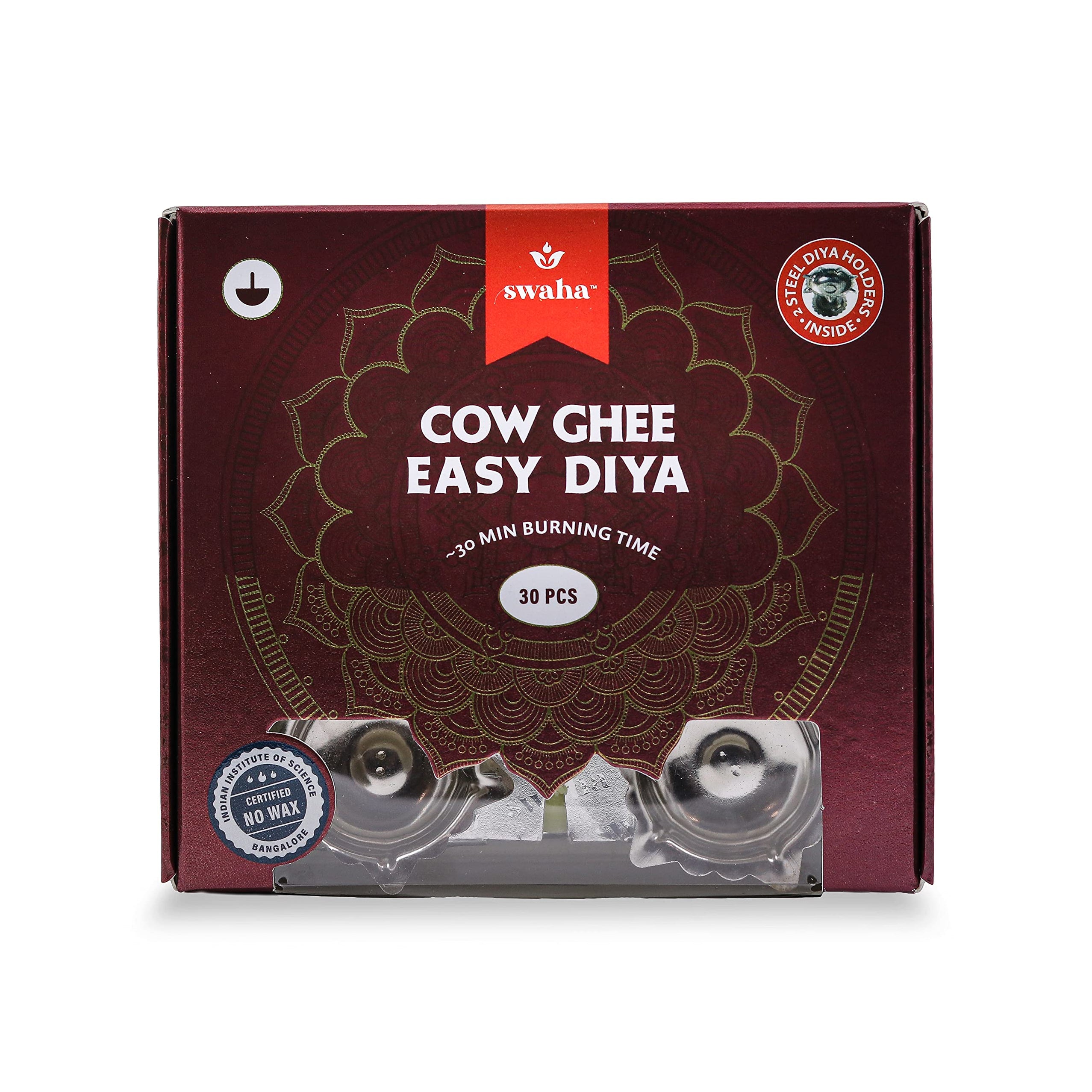 Swaha Cow Ghee Diya Gift Box - 30 Ghee Wicks & 2 Steel Diyas | 30min B
