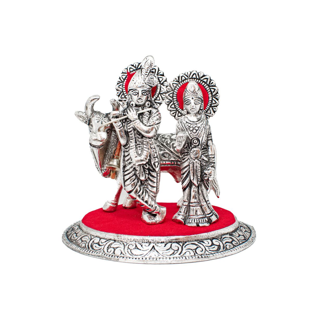 Swaha Radha Krishna Cow | Silver Color God Idol with Cow For Pooja and